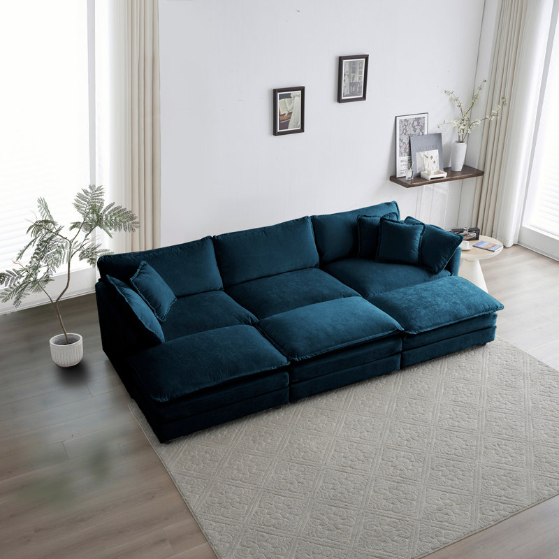 Hokku Designs Comfortable Deep Seat Reversible Modular 6 Seater Sectional Super Soft Sofa U Shaped Sectional Couch With 3 Ottomans 3 Toss Pillows And 2 Arm Pillows Blue Chenille Wayfair